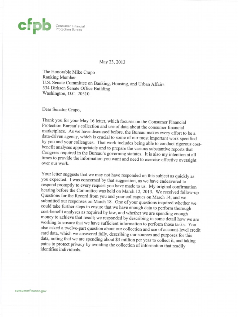 CFPB Letter To Sen. Crapo | PDF | Dodd–Frank Wall Street Reform And ...