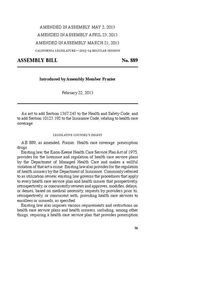 California AB 889: Health Care Coverage Reform | PDF | Medical ...