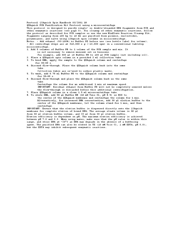 Protocol QIAquick Spin Handbook Puification Kit | PDF | Elution ...