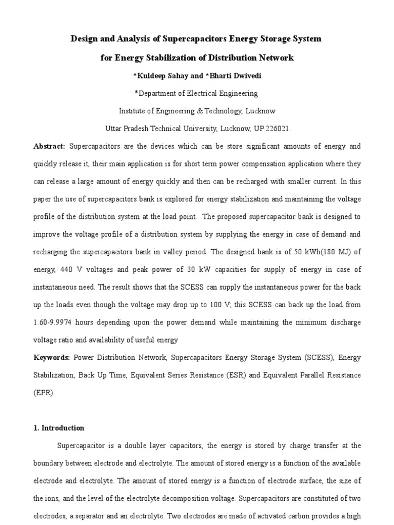 Design and Analysis of Supercapacitors Energy Storage System For Energy Stabilization of ...