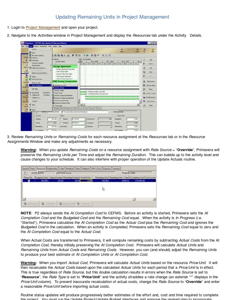 Update Remaining Units in Primavera | PDF | Project Management | Computing