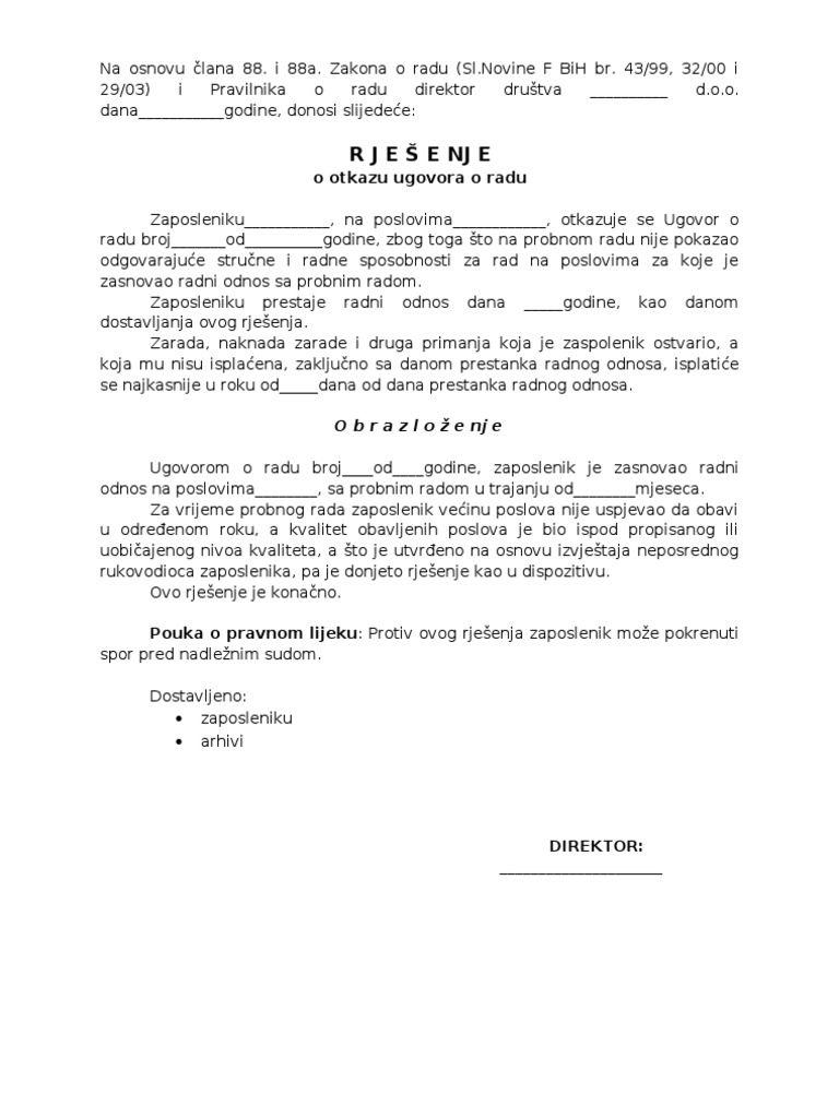 Otkaz Ugovora o Radu-Probni Rad | PDF