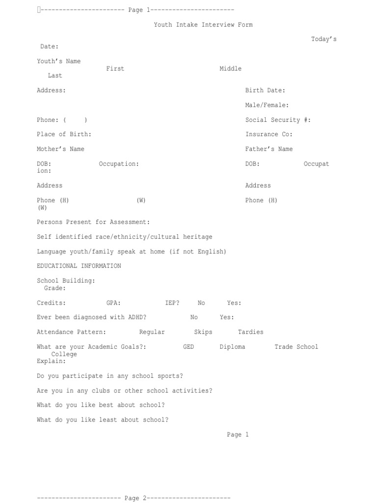 27a. Youth Intake Interview Form | PDF | Substance Abuse | Clinical ...