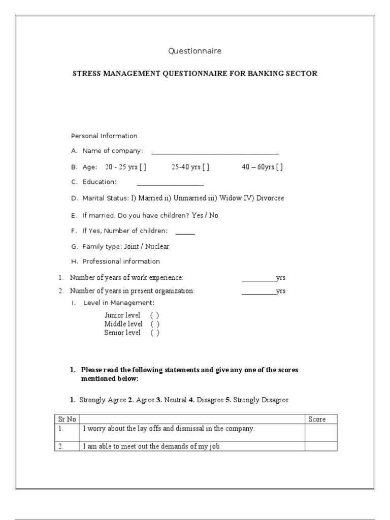 Stress Management Questionnaire Banking | PDF | Telecommuting | Work ...
