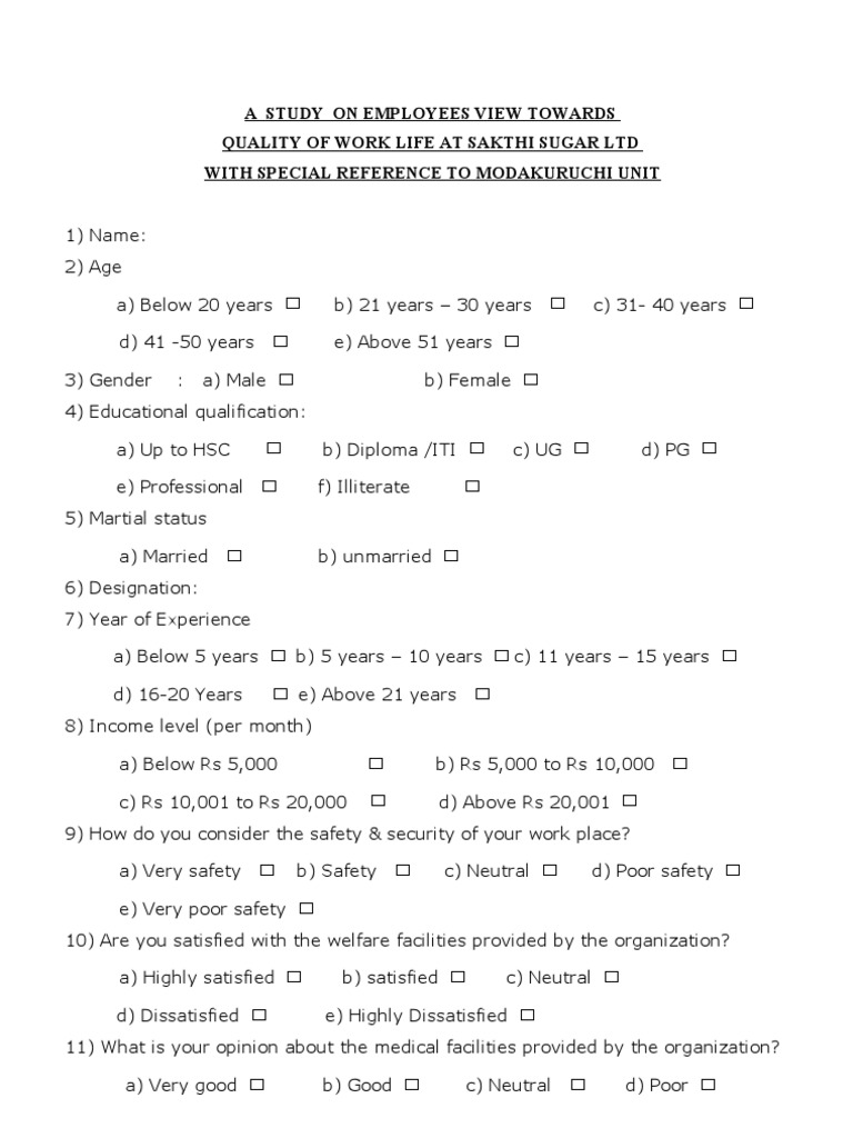 Ss Questionnaire Final | PDF | Employment | Behavioural Sciences