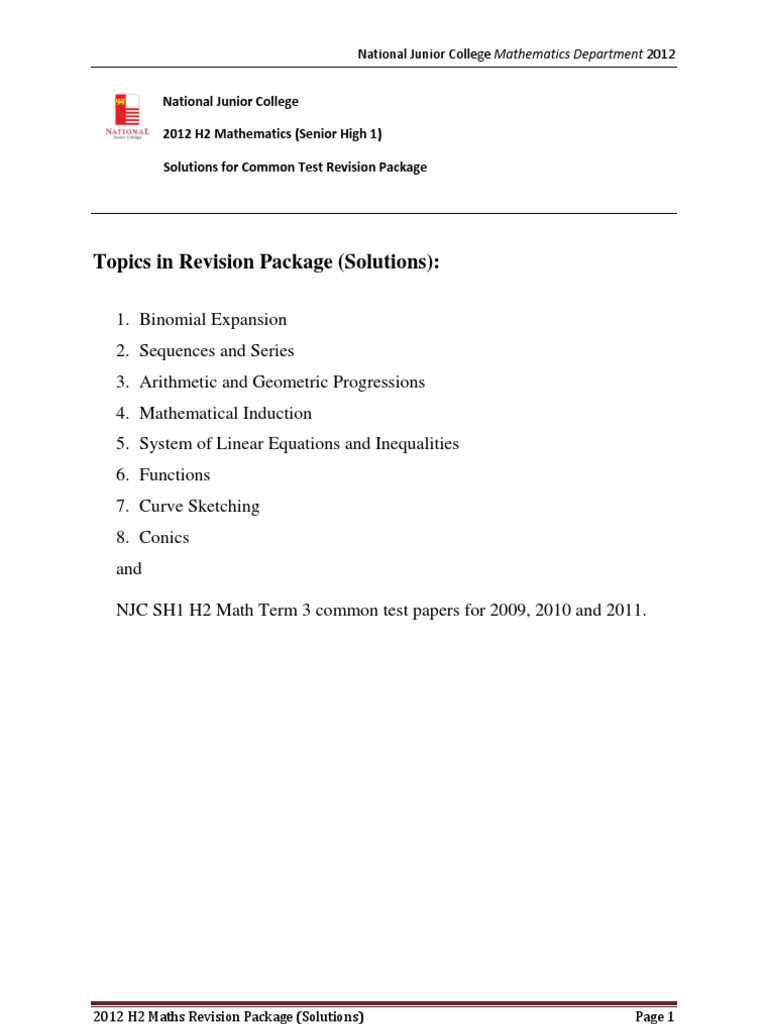 2012 SH1 H2 Math CT Revison Package Solutions | PDF | Asymptote | Teaching Mathematics