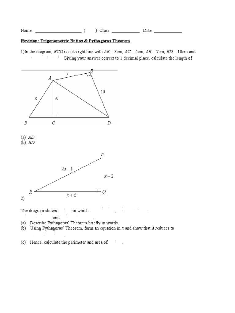 Pythagoras Theorem and Trigonometry Ratios Revision | PDF | Triangle ...