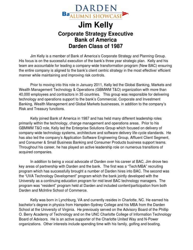 Jim Kelly - Darden Biography | PDF | University Of Virginia | Banks