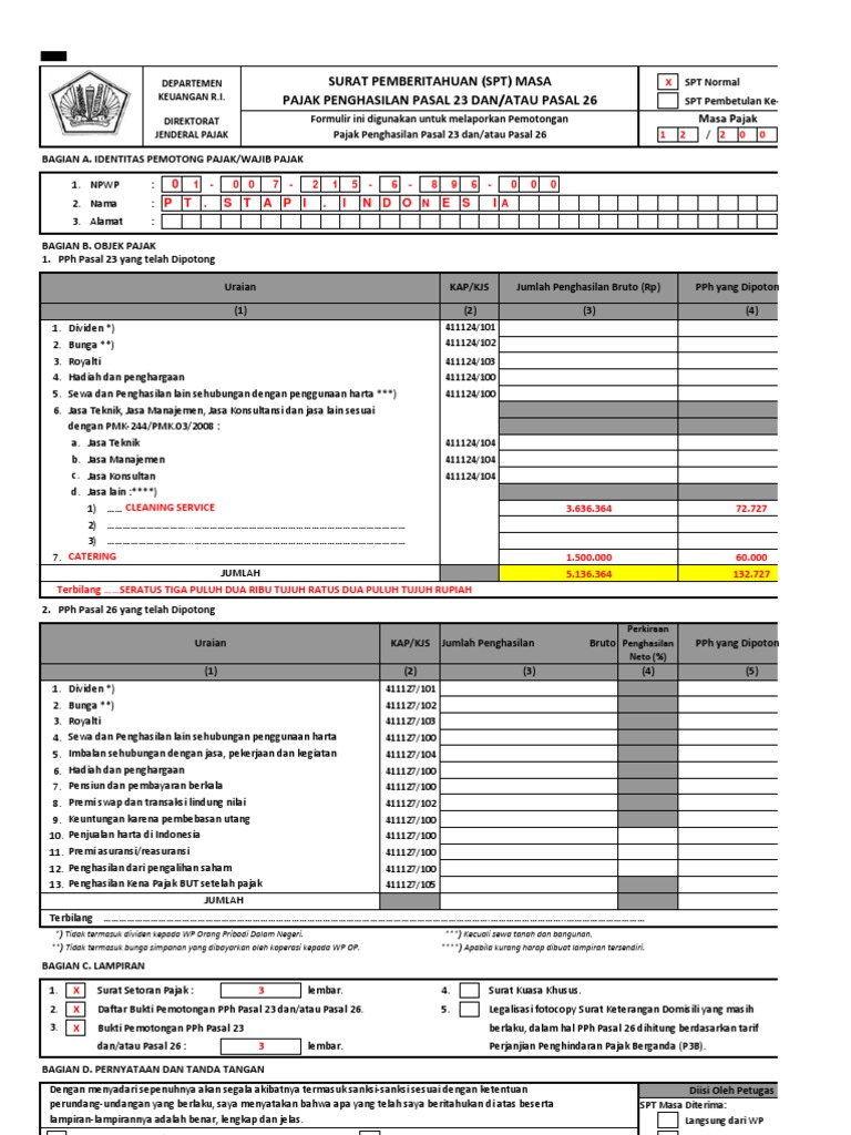 Form SPT Masa PPH Pasal 23 Bukti Potong | PDF