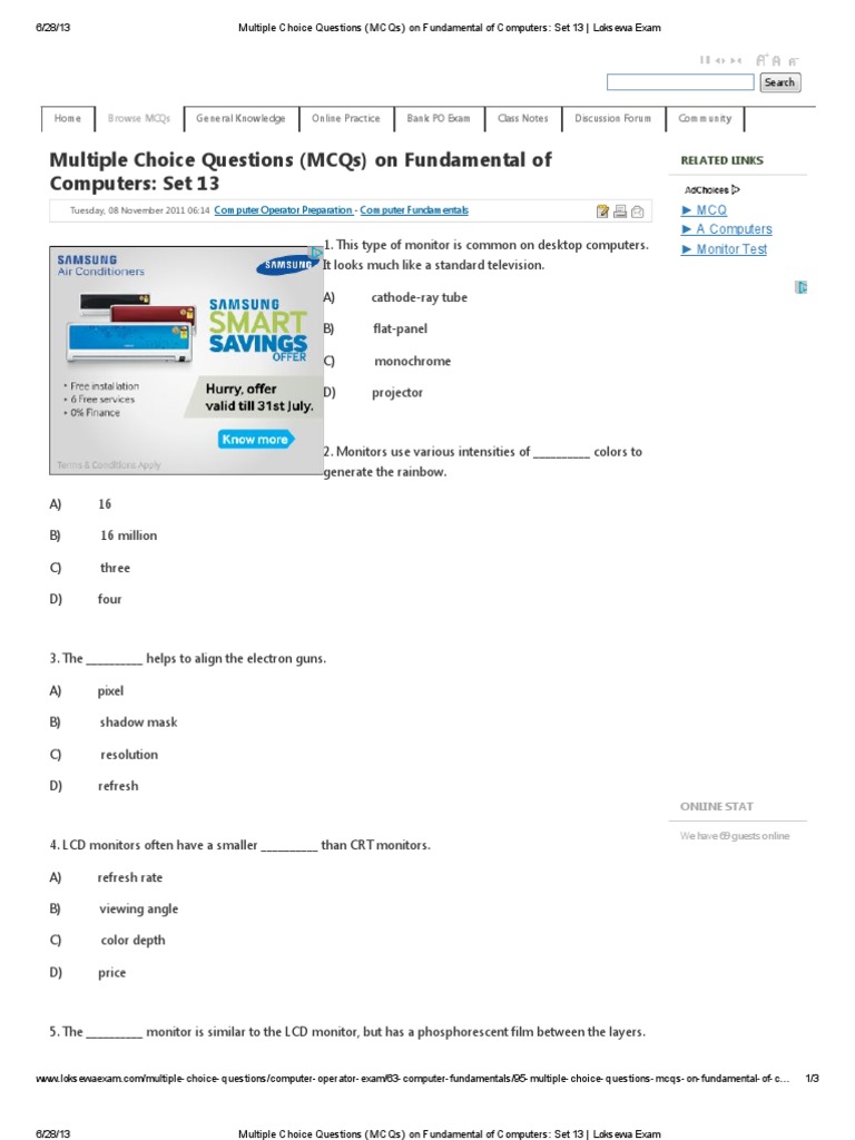 Multiple Choice Questions (MCQS) On Fundamental of Computers - Set 13 ...