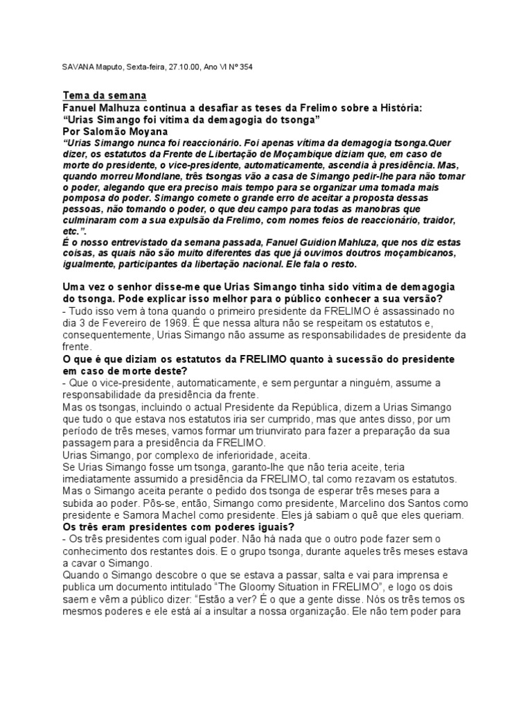 Urias Simango e a Demagogia Tsonga | PDF