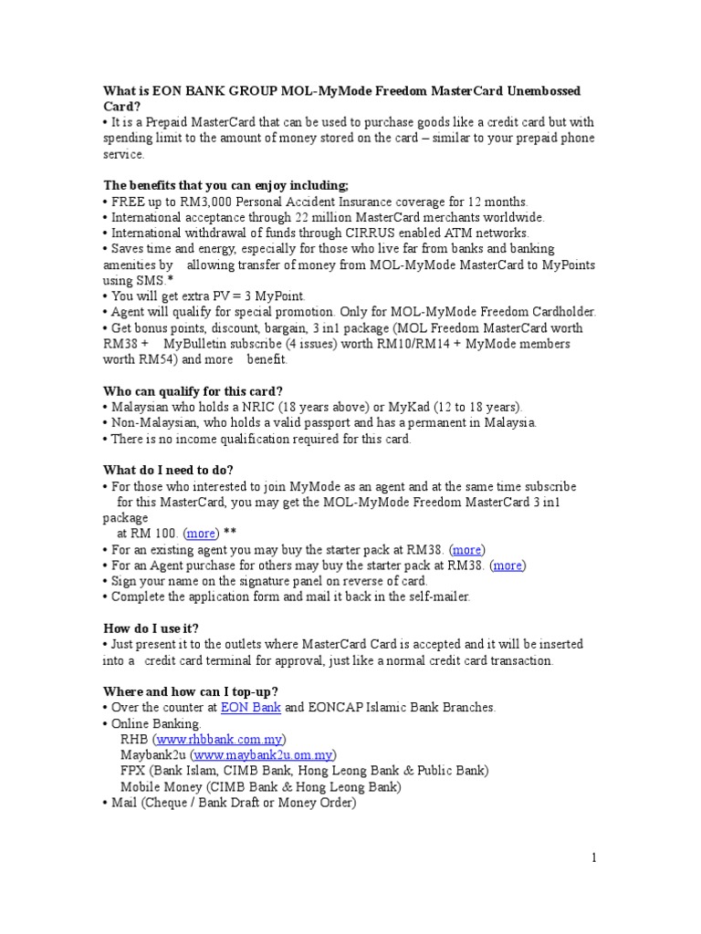 What Is Eon Bank Group Mol-Mymode Freedom Mastercard Unembossed Card ...