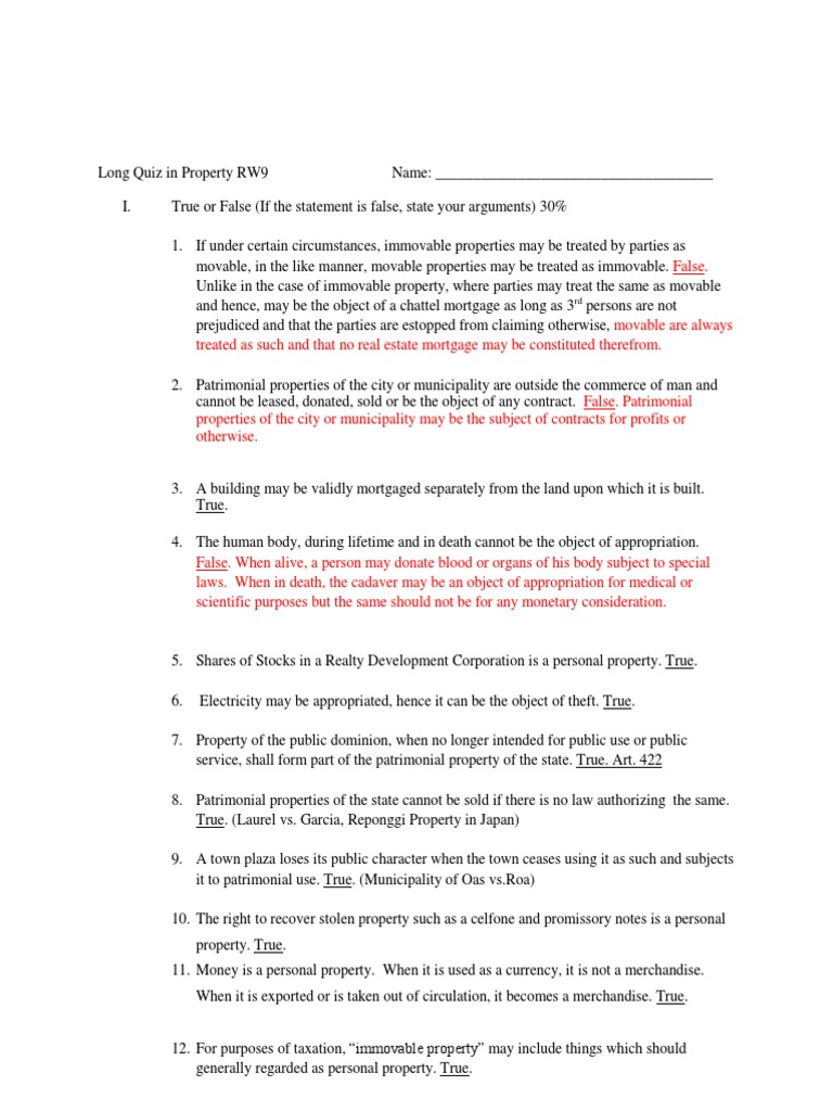 Property Law Quiz and Hypotheticals | PDF | Property | Lease