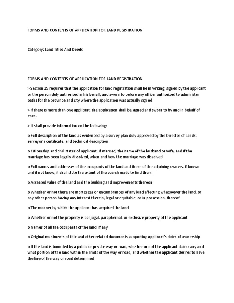 Forms and Contents of Application For Land Registration | PDF