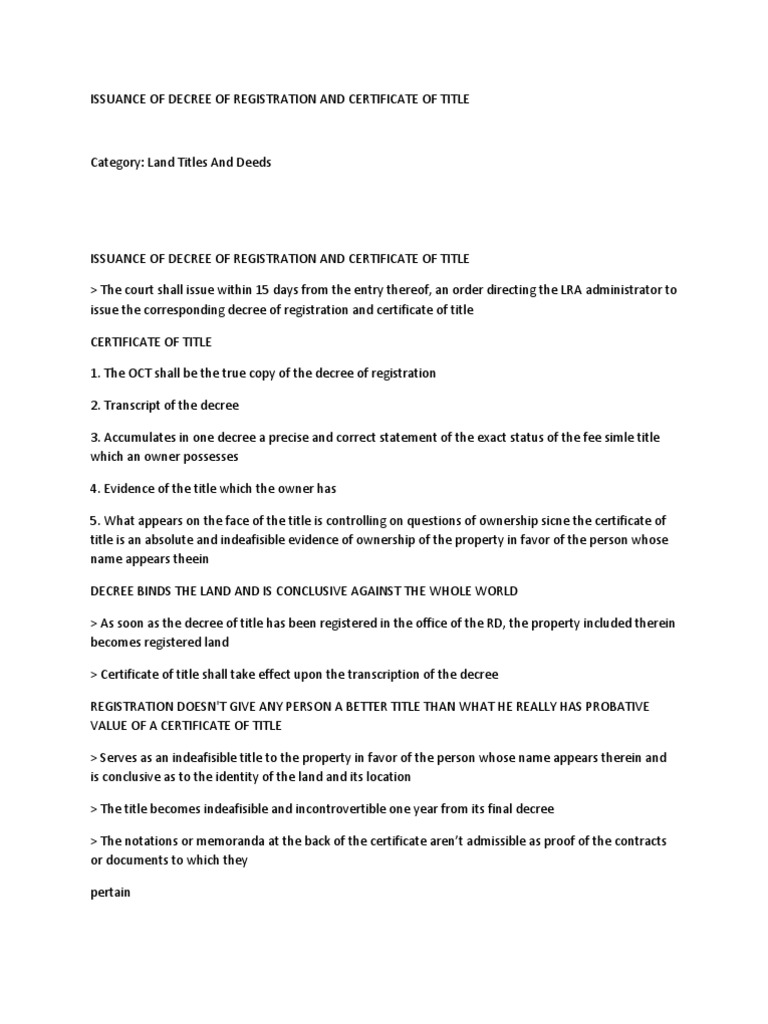 Issuance of Decree of Registration and Certificate of Title | PDF ...