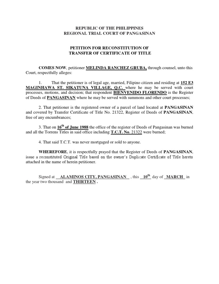 Petition For Reconstitution of Transfer of Certificate of Title | PDF