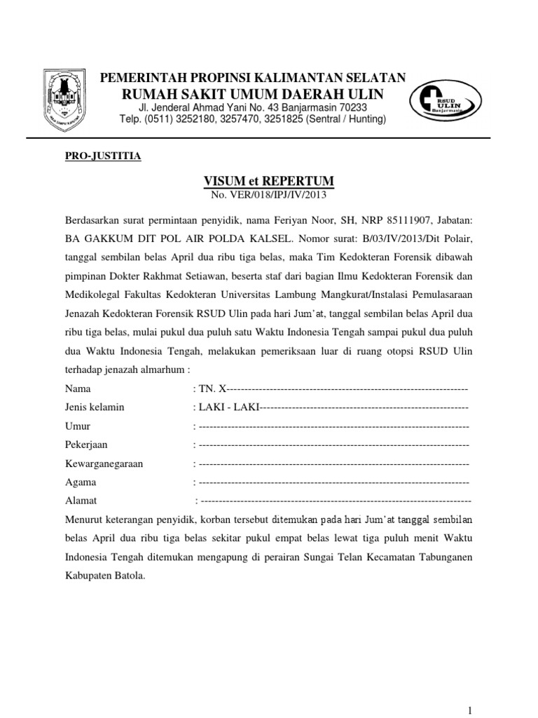 Contoh Visum Et Repertum Mati MR.X | PDF