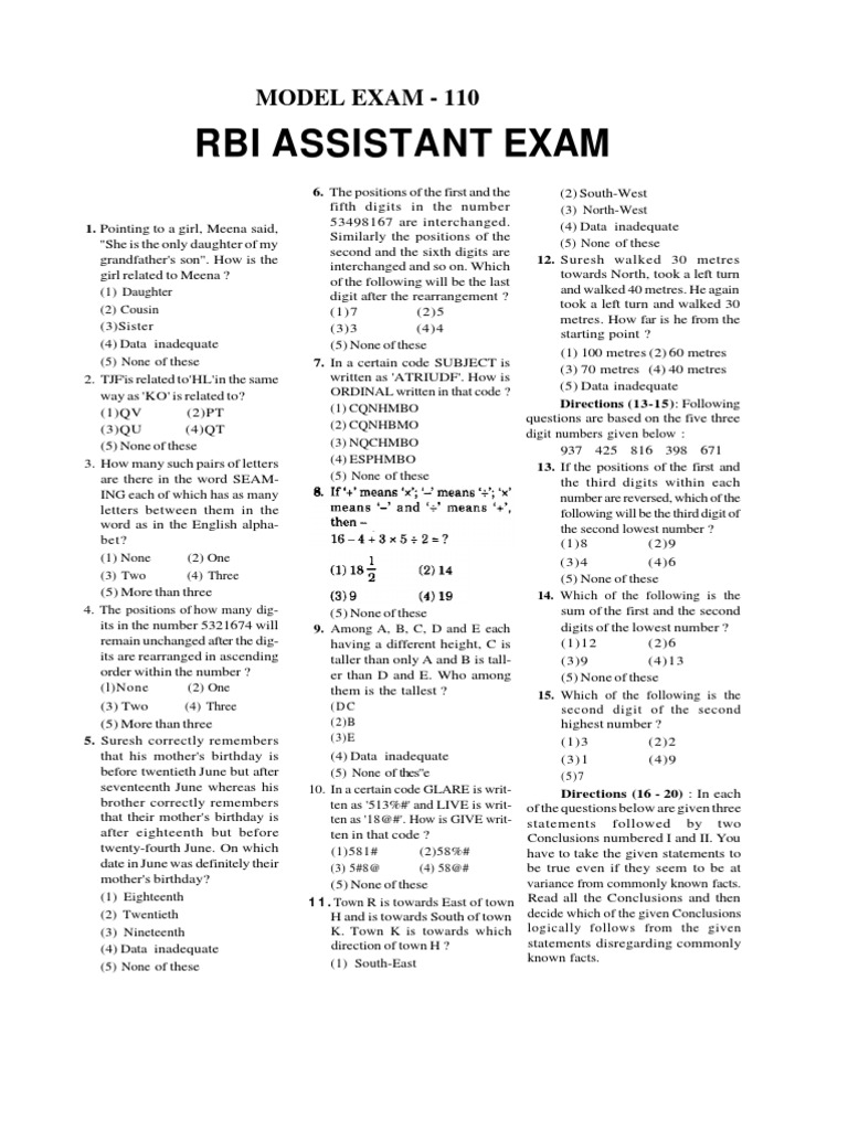 RBI - Model .Question - Paper | PDF | Reserve Bank Of India | Random ...