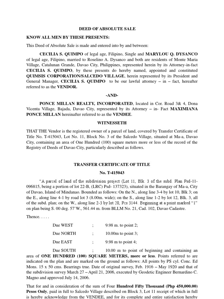 Deed of Absolute Sale | Real Property Law | Urban | Free 30-day Trial ...