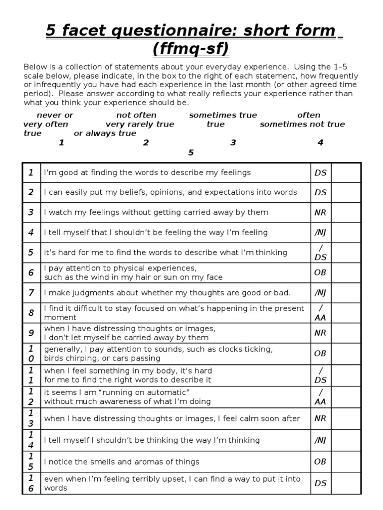 Assessment Mindfulness 5 Facets Short 1 Pdf Mindfulness