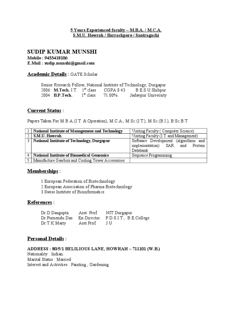 Sudip Munshi Experienced Faculty | PDF | Information System | Master Of Business Administration