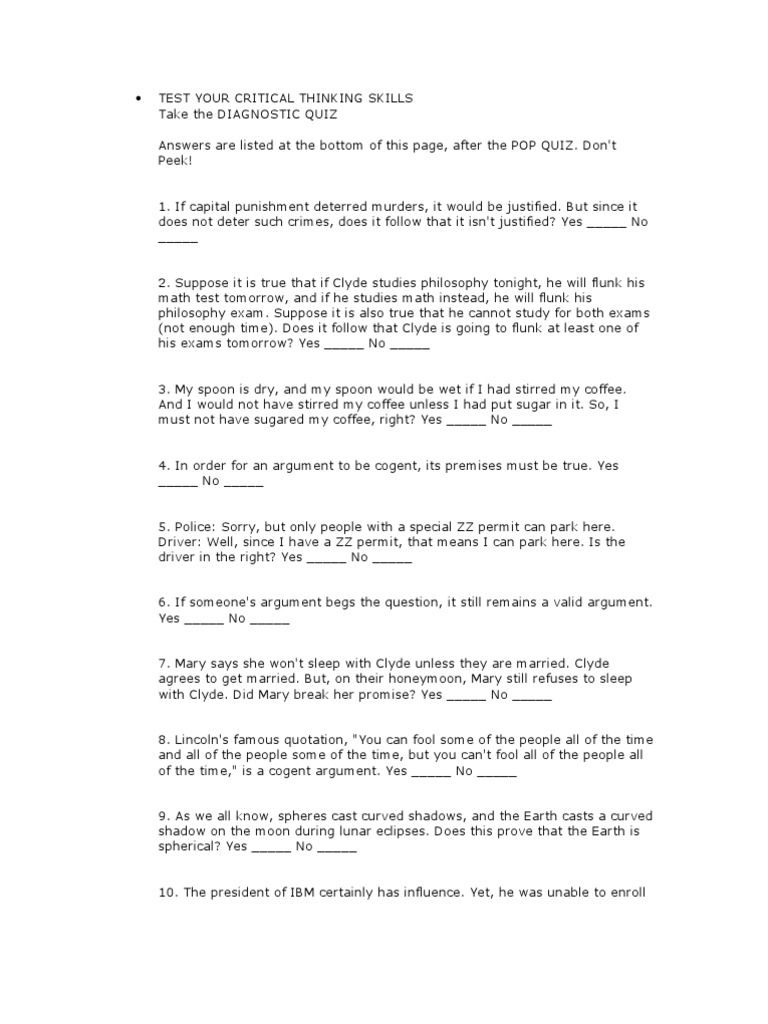 Test Your Critical Thinking Skills | PDF | Deductive Reasoning | Argument