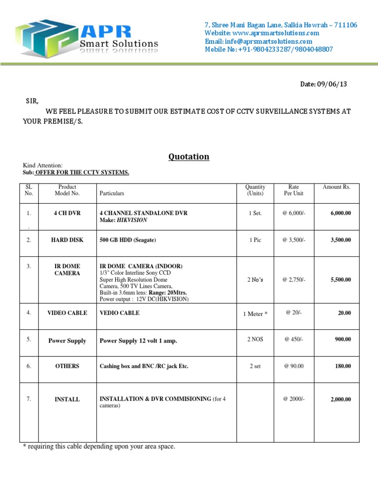 CCTV Quotation by Apr Smart Solution PDF | PDF | Closed Circuit ...