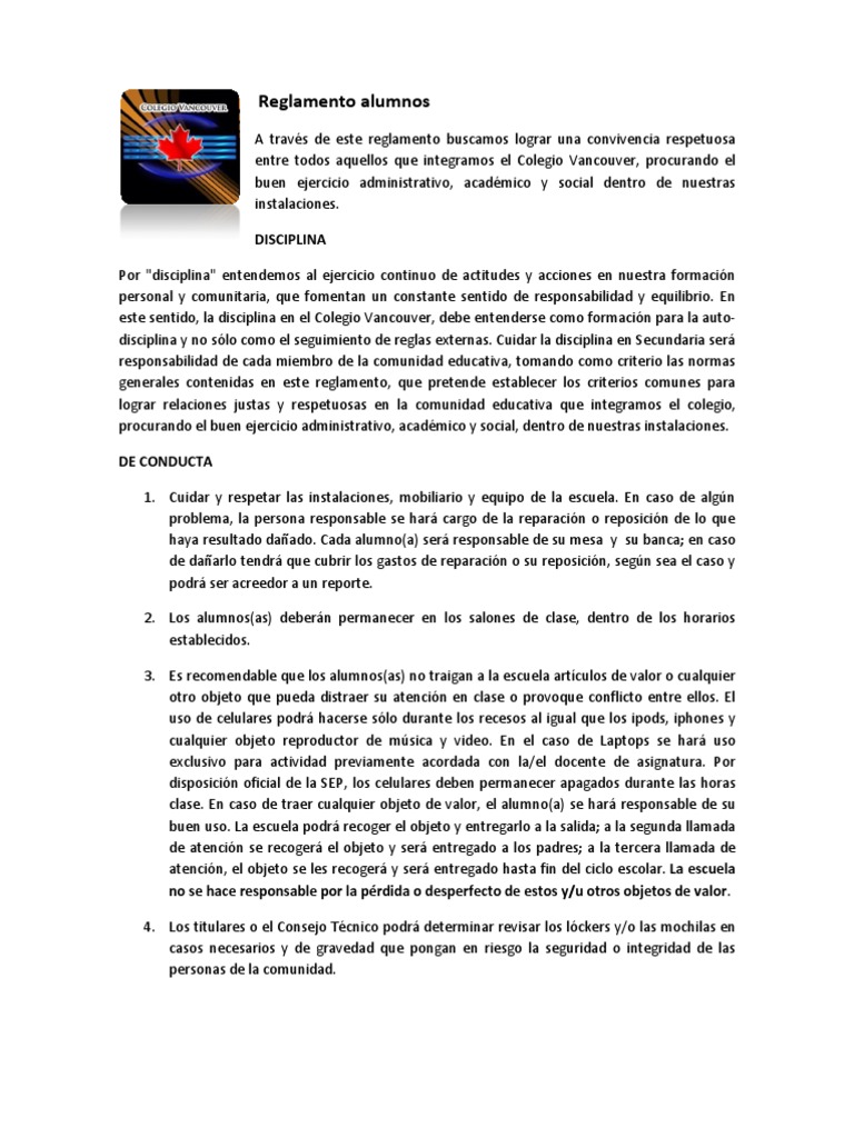 Reglamento Interno para Alumnos | PDF | Disciplinas | Prueba (evaluación)