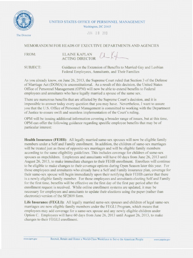 OPM Memo Re Spousal Benefits | PDF | Defense Of Marriage Act | Retirement