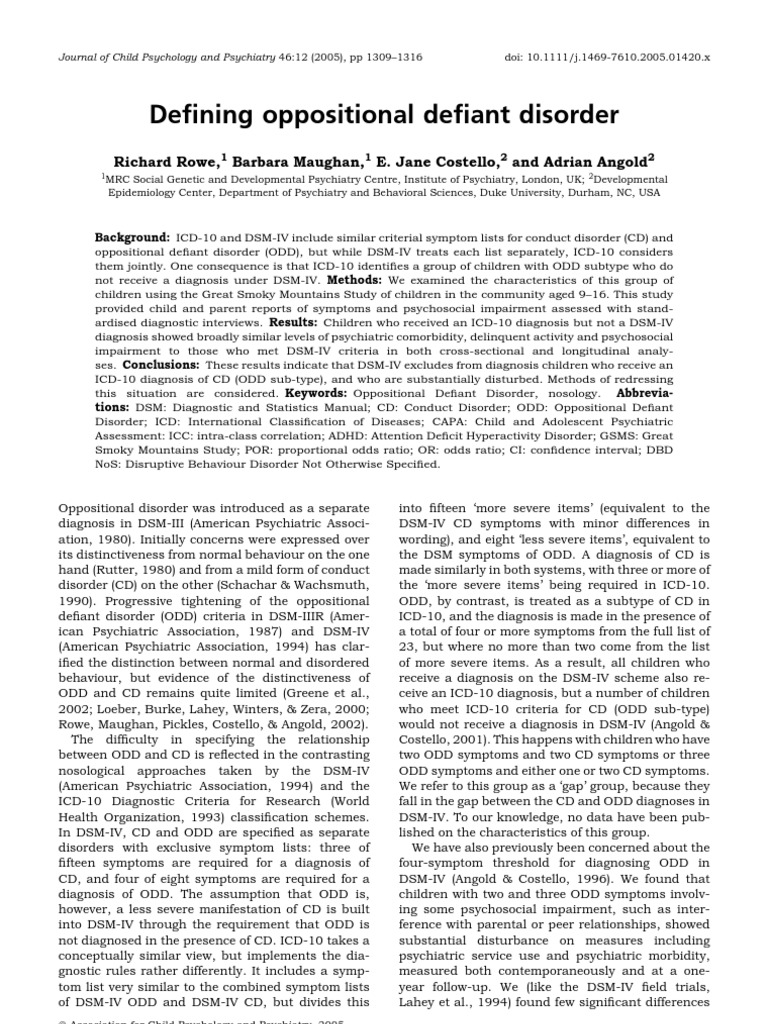 Defining Oppositional Defiant Disorder: Richard Rowe, Barbara Maughan ...
