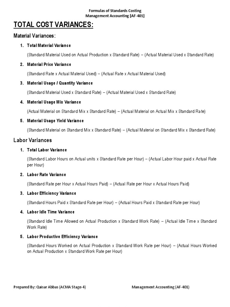 Formulas of Standard Costing | PDF | Cost Accounting | Management ...