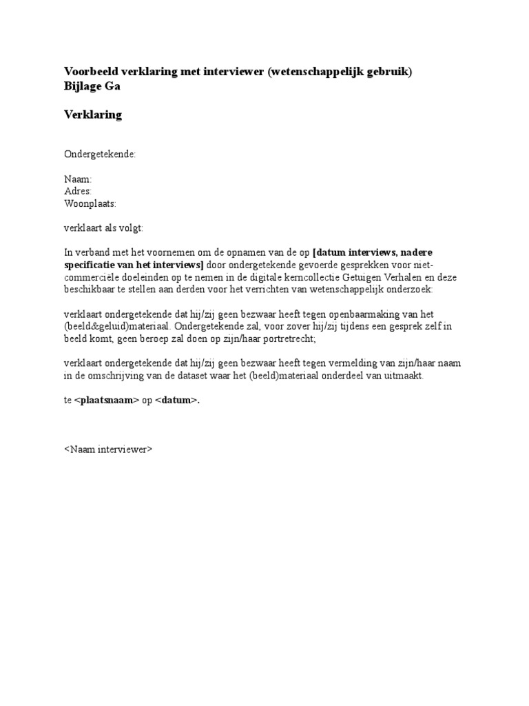 Voorbeeld Verklaring Met Interviewer (Wetenschappelijk Gebruik) Bijlage Ga Verklaring | PDF