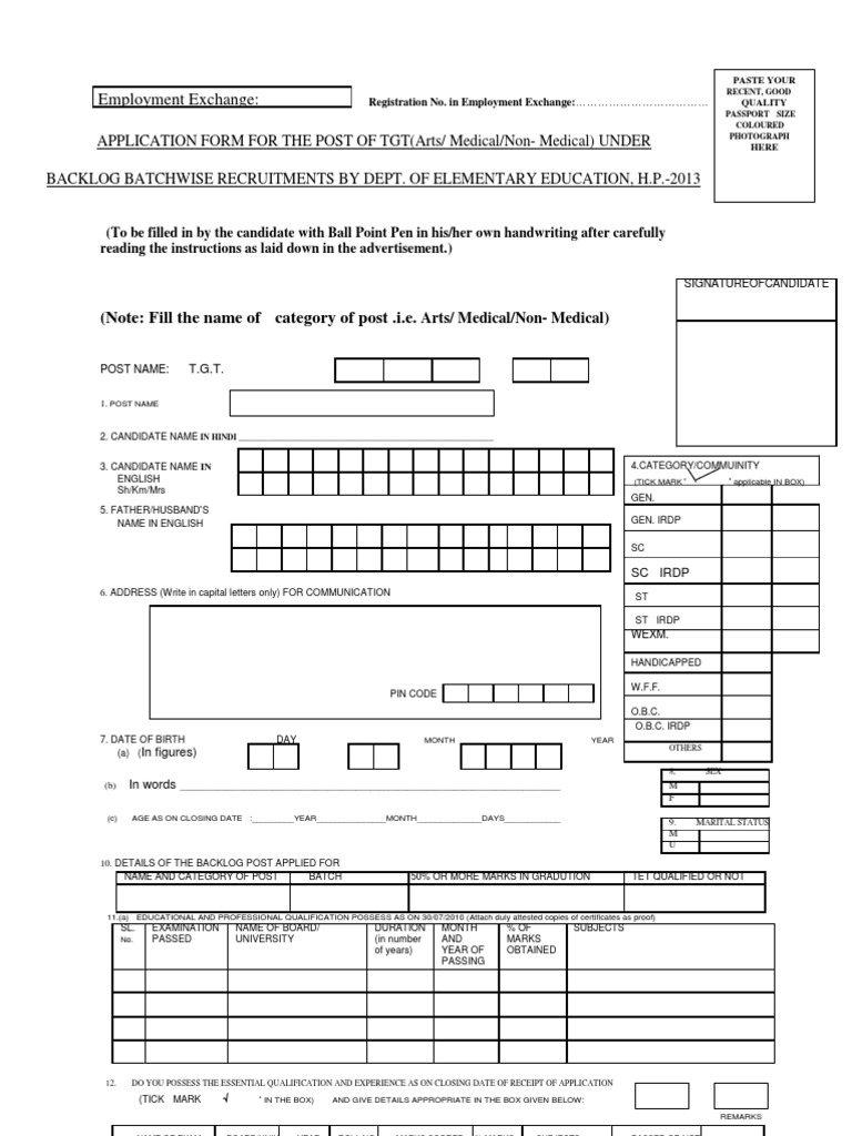 Sample Application Format For TGT Backlog Recruitment 2013 in H.P | PDF ...