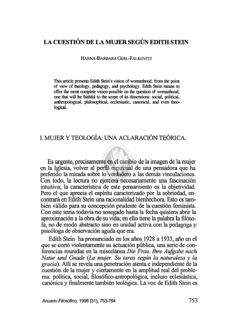 La Mujer Según Edith Stein, Hanna-Barbara | PDF