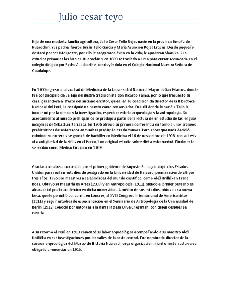 Biografia de Julio Cesar Tello | PDF | Arqueología | Educación avanzada
