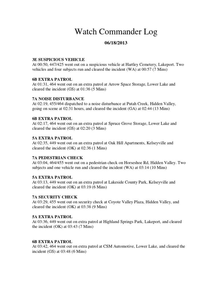 Watch Commander Log: 3E Suspicious Vehicle | PDF | Land Transport ...