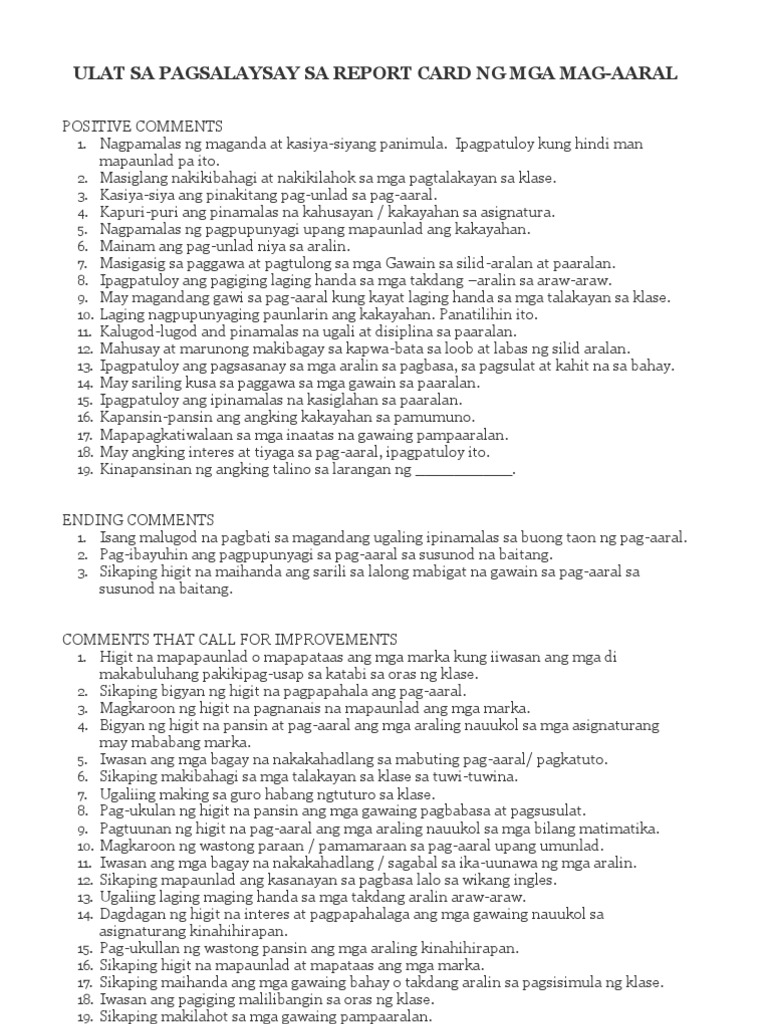 Ulat Sa Pagsalaysay Sa Report Card | PDF