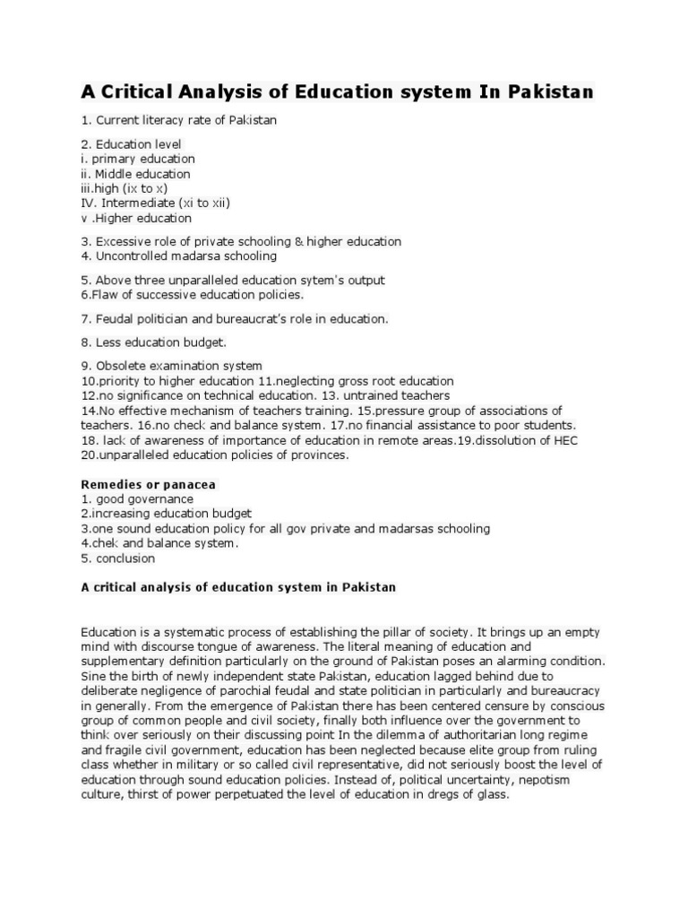 Critical Analysis of Pakistan's Education System | PDF | Social Science