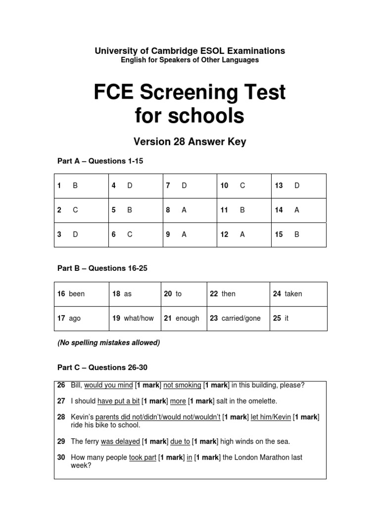FCE Screening Test Answer Key | PDF