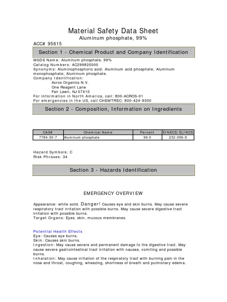 MSDS Aluminum Phosphate | PDF | Dangerous Goods | Hazardous Waste
