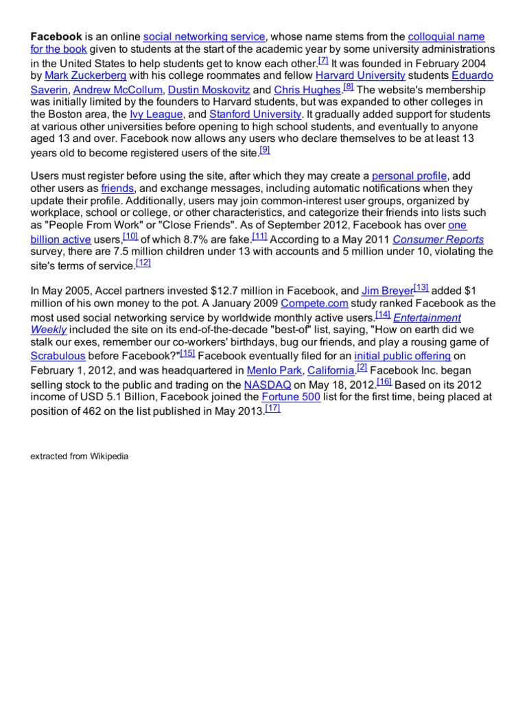 Facebook (Wikipedia Extract) | PDF | Online Organizations | Facebook