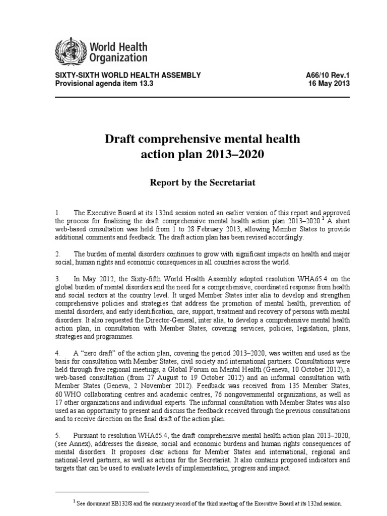 Draft Comprehensive Mental Health Action Plan 2013-2020: Report by The Secretariat | PDF