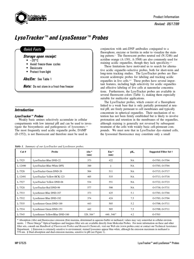 Lysotracker and Lysosensor Probes | PDF | Lysosome | Staining