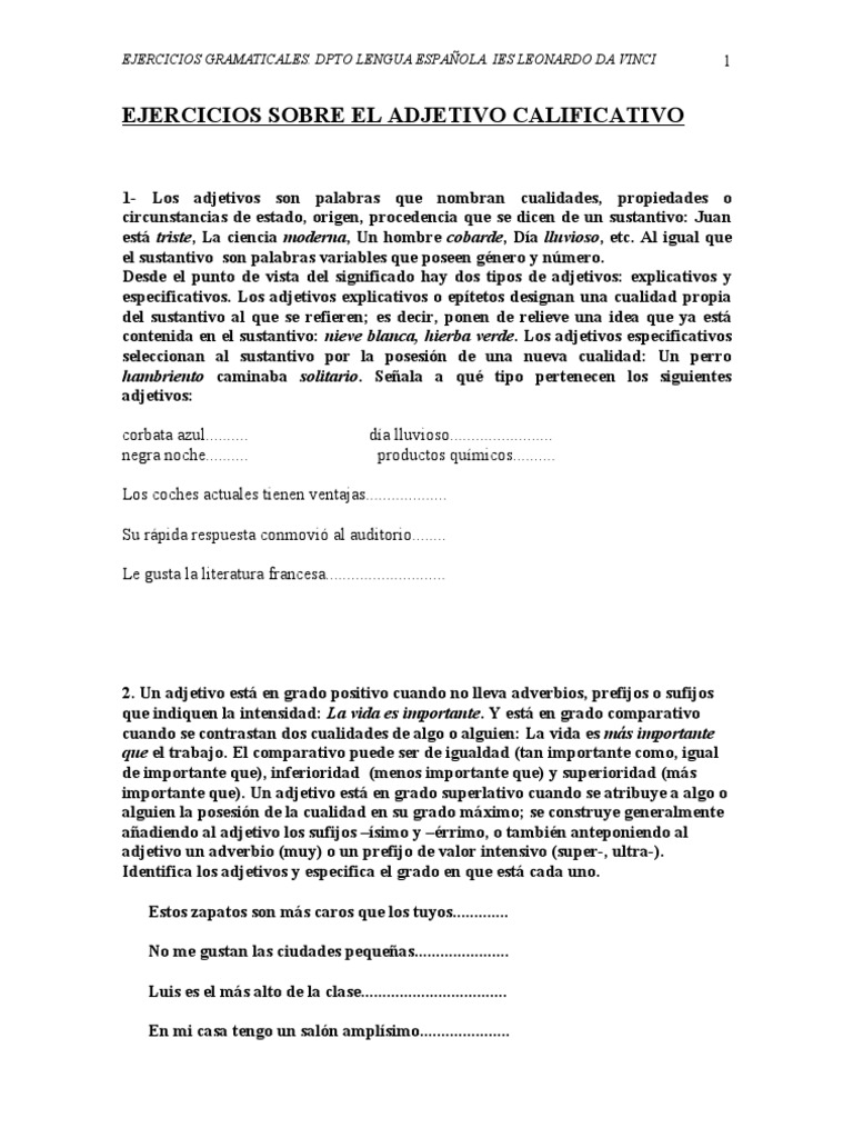 Ejercicios de Adjetivos Calificativos | PDF | Adjetivo | Numero Gramatical