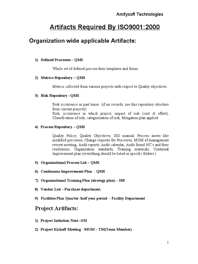 ISO 9001:2000 Project Artifacts Checklist | PDF | Computers | Business
