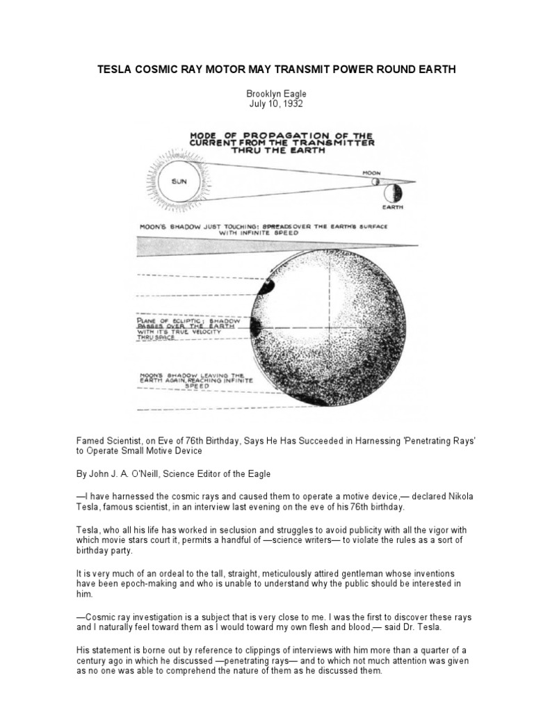 Tesla Cosmic Ray Motor May Transmit Power Round Earth (John J. A. O ...