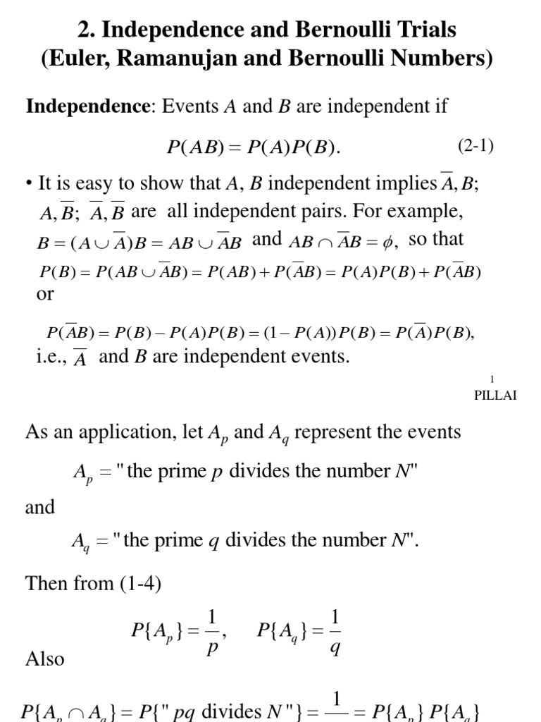Independence and Bernoulli Trials (Euler, Ramanujan and Bernoulli Numbers) | Download Free PDF ...