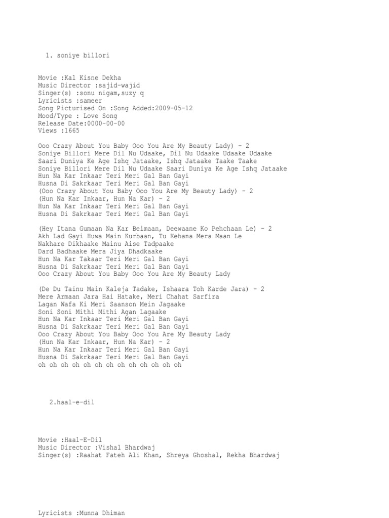 All Songs Lyrics | PDF | Bollywood | Cinema Of India