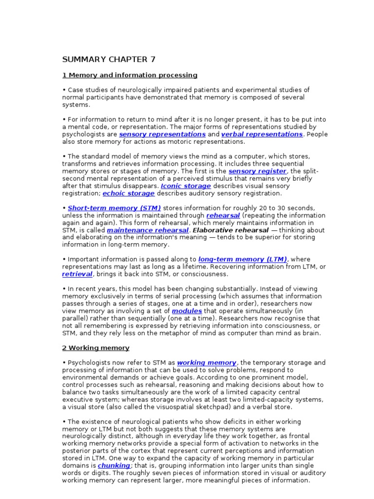 Summary Chapter 7: 1 Memory and Information Processing | PDF | Memory | Psychotherapy