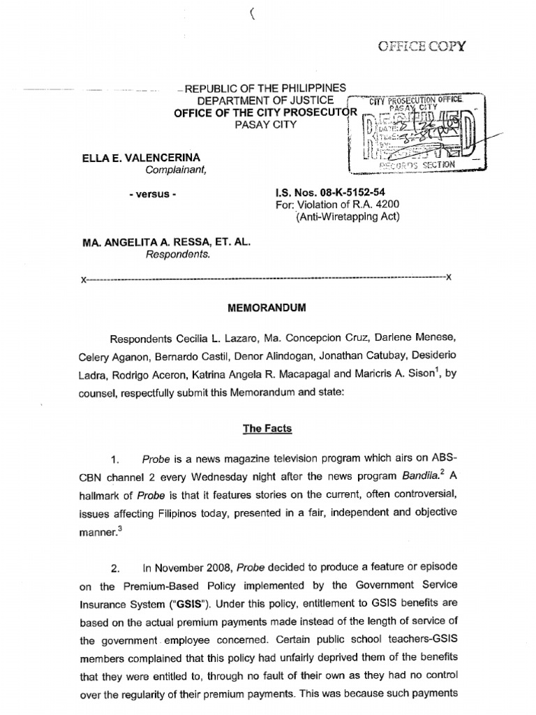 Probe Memorandum For Violation of RA 4200, The Anti-Wiretapping Act | PDF